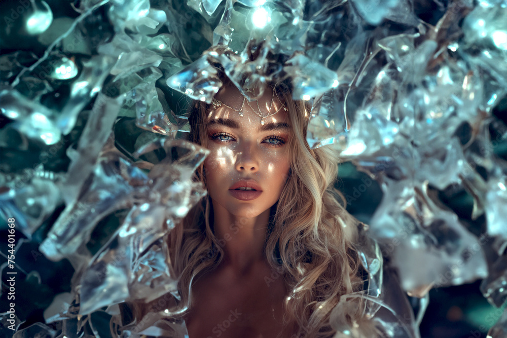 Magical portrait, a beautiful female captivates with enchanting crystal ...
