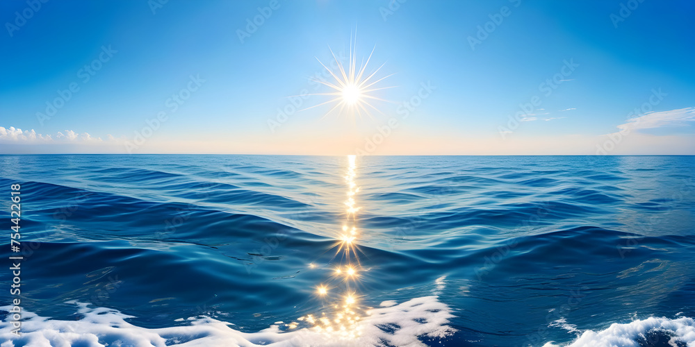 Blue ocean panorama with sun reflection, The vast open sea with clear ...