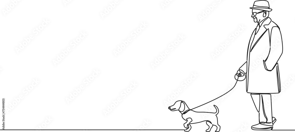 continuous single line drawing of elderly man walking his wiener dog ...