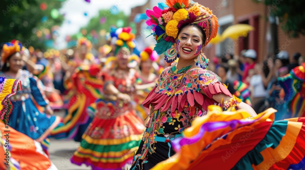 Colorful dancers in traditional costumes celebrate at a Latin American ...