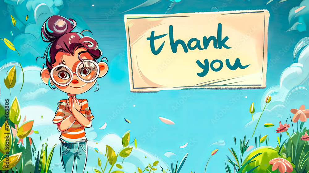Grateful cartoon child with thank you sign Stock Illustration | Adobe Stock
