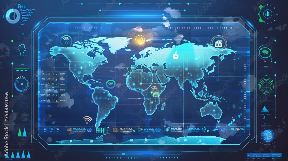 world map with an app for weather forecasting. The monitor screen ...
