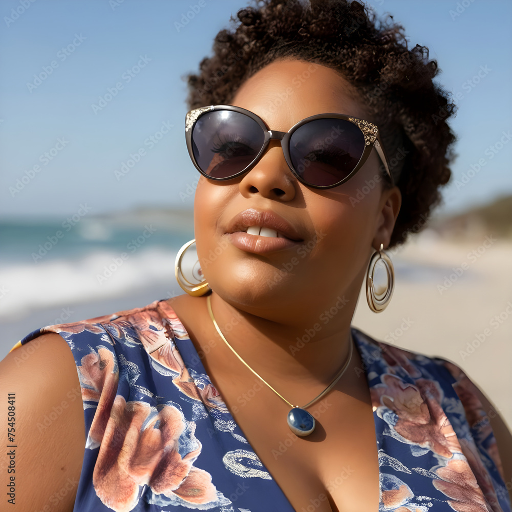 Beautiful plus size African American woman in bathing suit at the beach ...