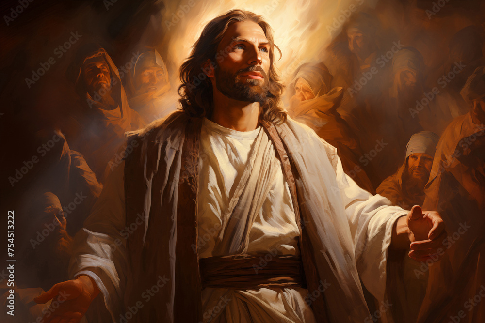 Painting of Jesus Christ together with the disciples and the crowd in ...