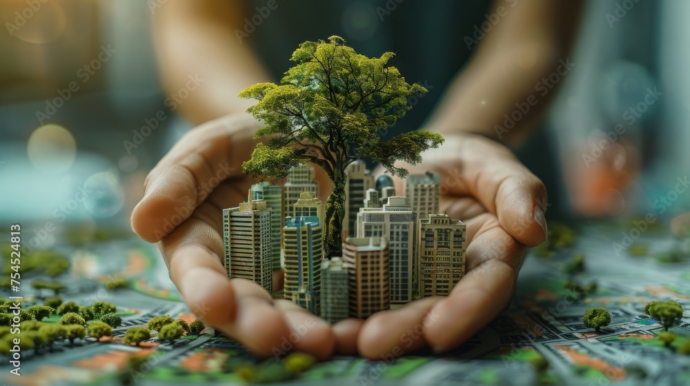 Man modeling sustainable green city concept with eco friendly white ...