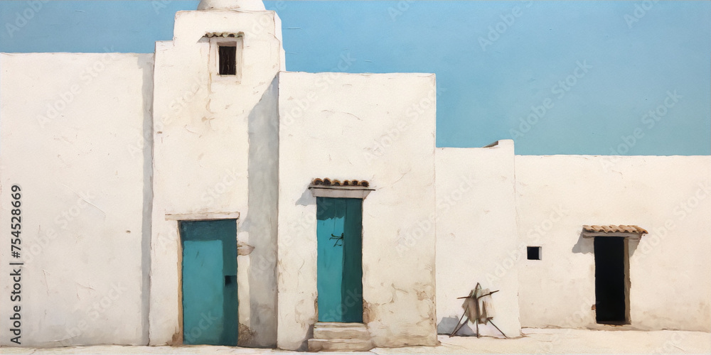 Fine art painting of the whitewashed fac?ade of a traditional house in ...