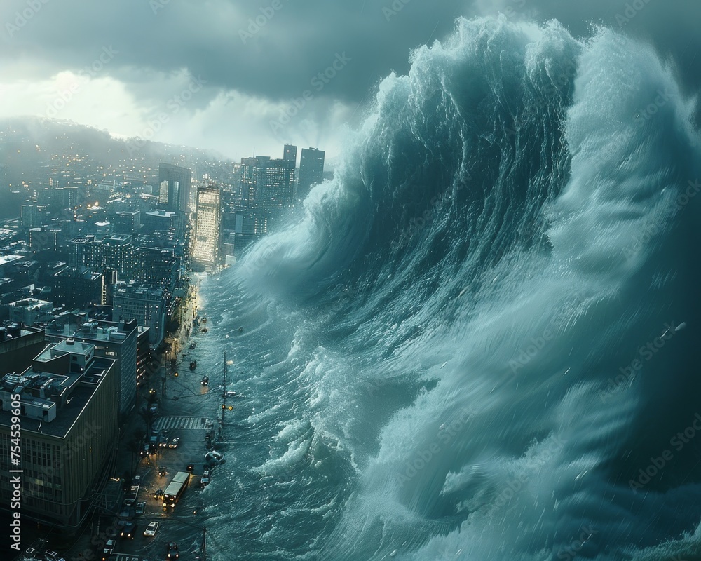 Apocalyptic Giant Tsunami Wave Approaching City, Dramatic Concept Art ...