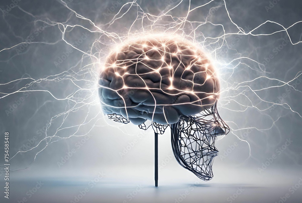 Human brain model with light up neurons, brain receiving the ...
