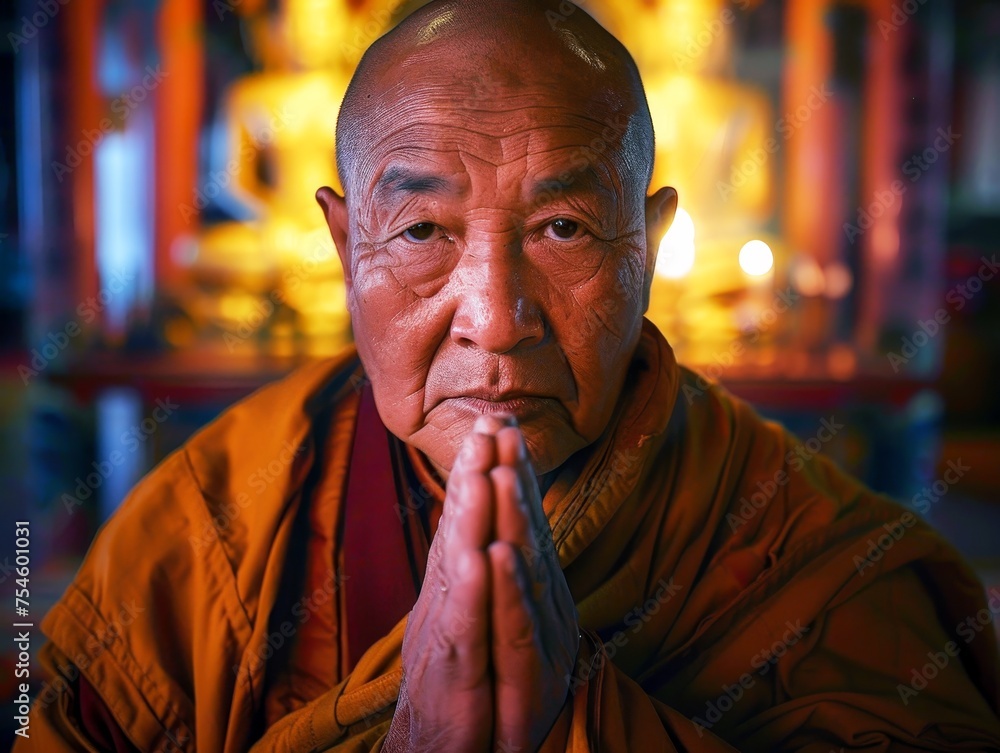 An old monk, wearing brown and making prayerful hands in front of his ...
