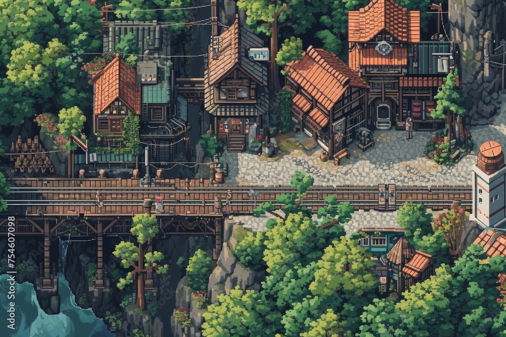 Pixelated village for game map. pixel map in the game. pixelated ...