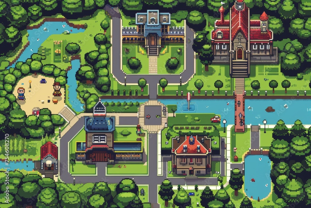 Pixelated village for game map. pixel map in the game. pixelated ...