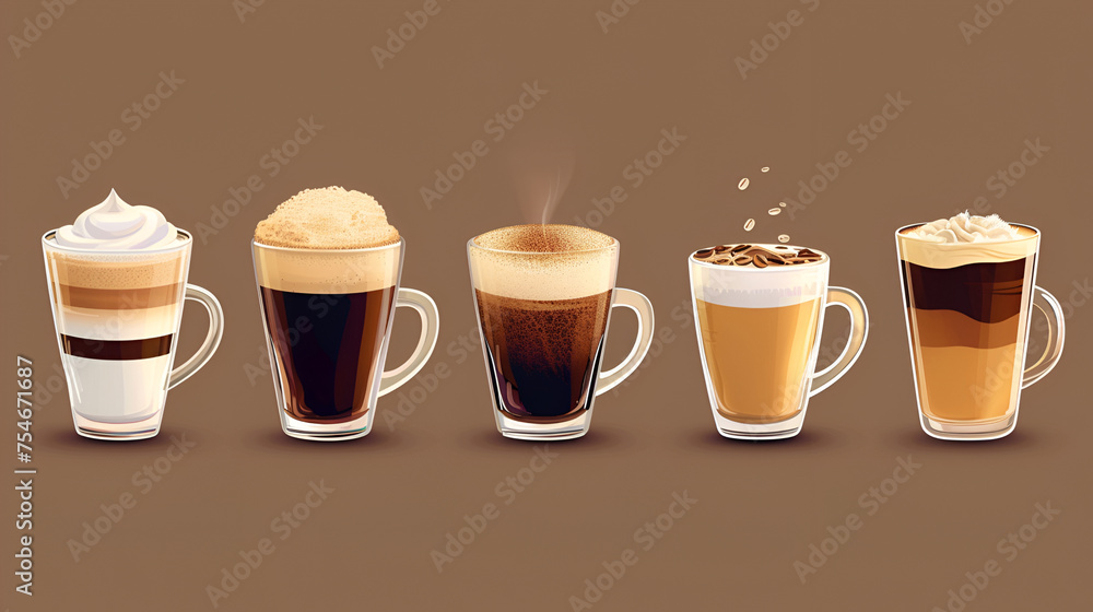 Collage set of different types of coffee in cup: mochaccino, latte, chocolate, cream ...