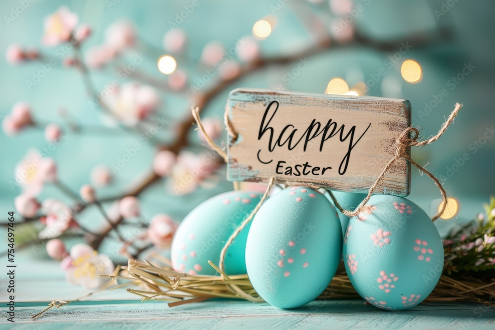 Colorful Easter Egg Basket Hope. Happy easter sky blue bunny. 3d Easter ...