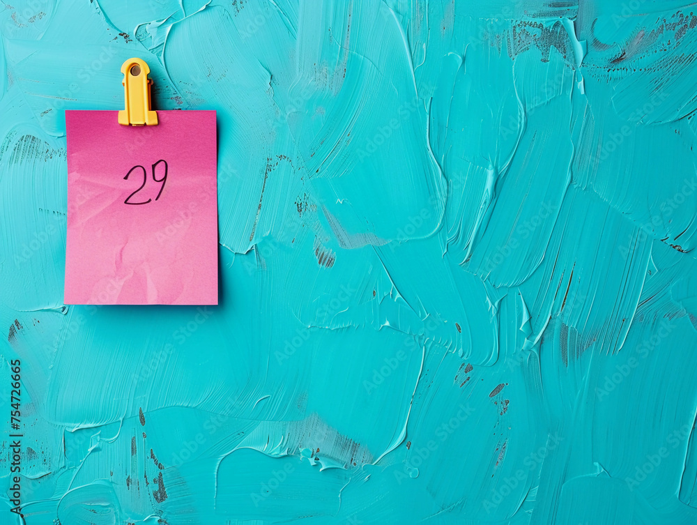Pink note on blue wall background with written Februarz 29 as a ...