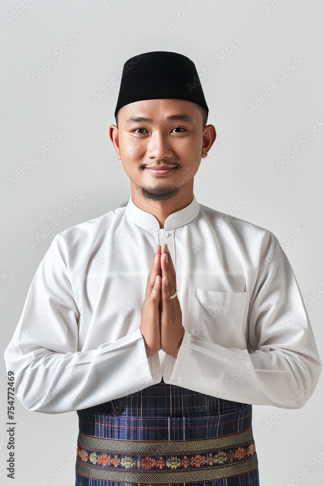 Beautiful indonesian muslim man greetings gesture typical of ramadan ...