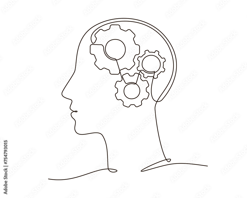 Continuous one line drawing human head with gears inside. Outline ...