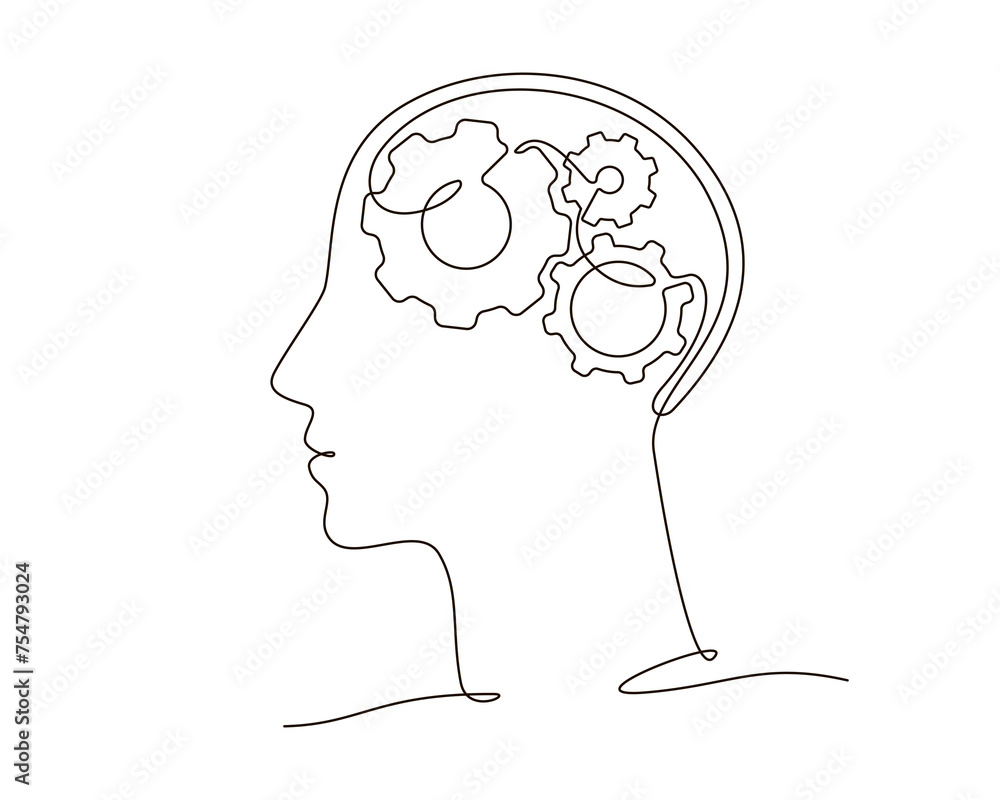 Continuous one line drawing human head with gears inside. Outline ...