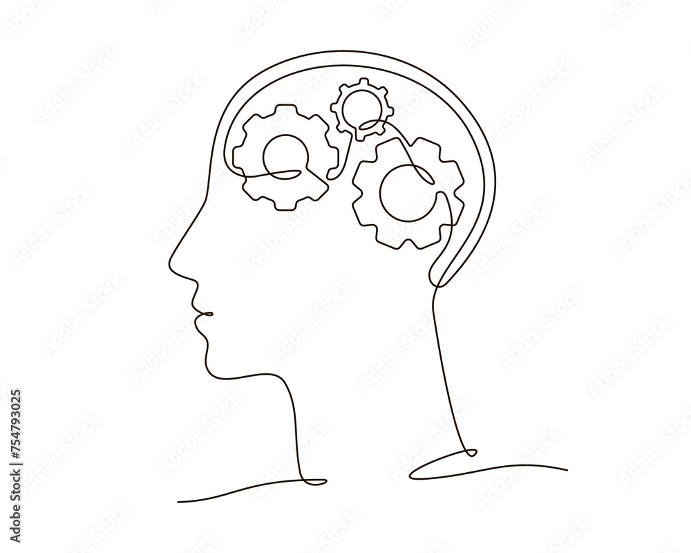 Continuous one line drawing human head with gears inside. Outline ...