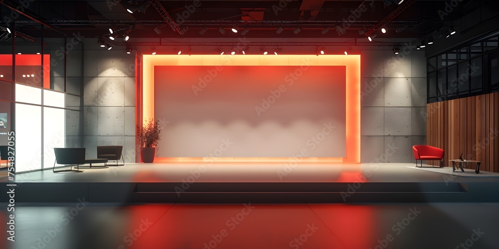 Modern TV Show Studio Set with Blank Screen and Red Chair, To provide a ...