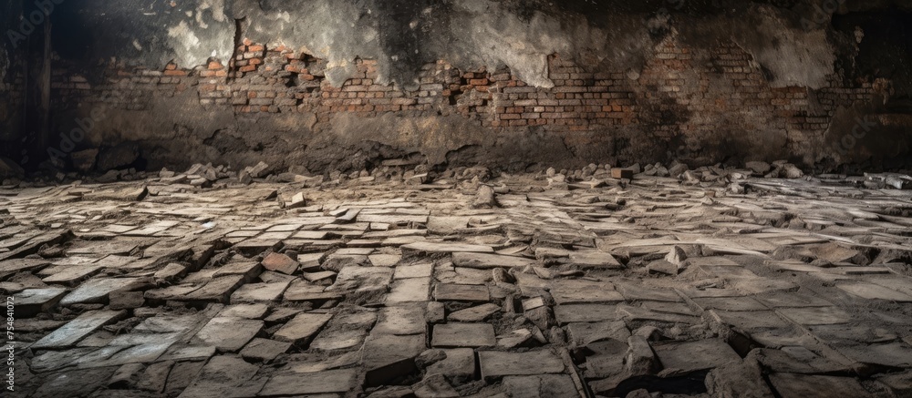 The image depicts a dark room in an abandoned old house with a ...