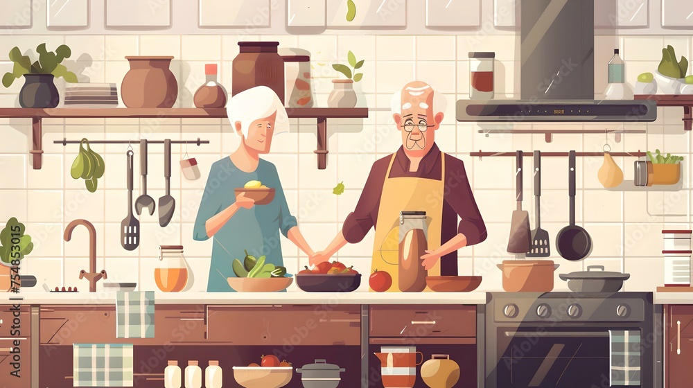 Animated kitchen scene with chefs preparing a meal. culinary art ...