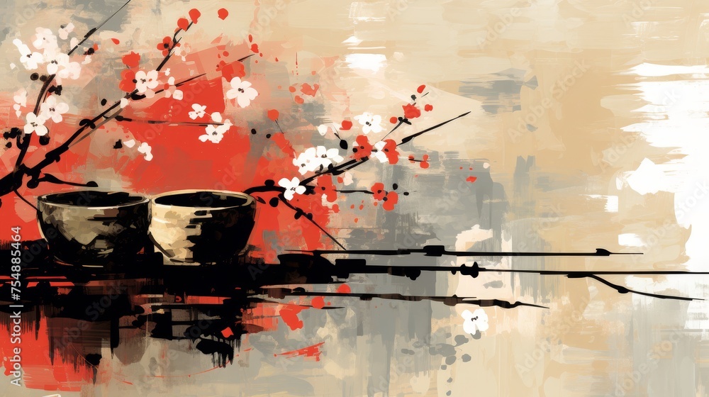 Sakura branches and sake cups illustration, oil painting imitation ...