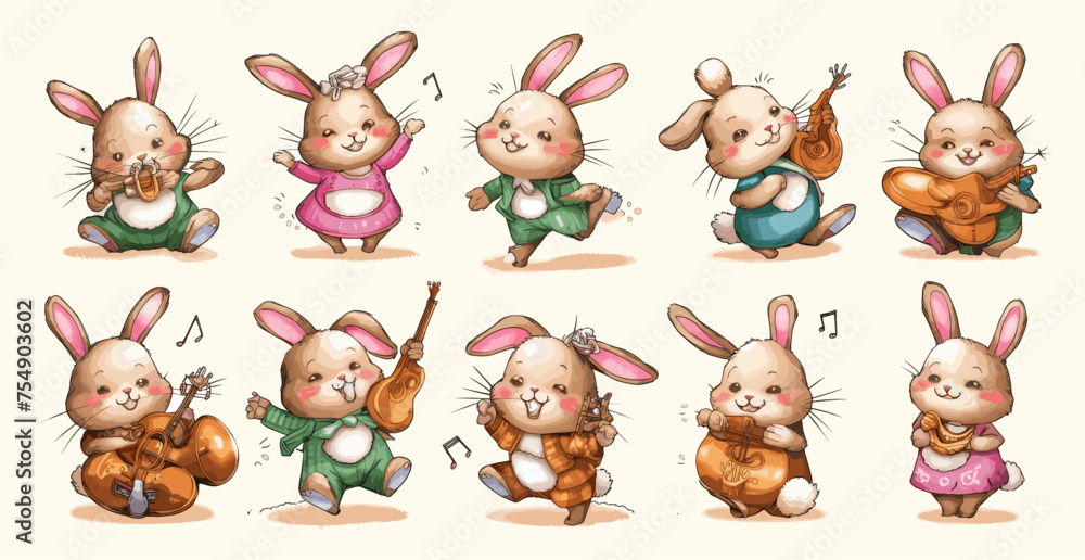 Cute Baby Bunny Vector Set, Easter Bunny in Various Angles and Postures ...