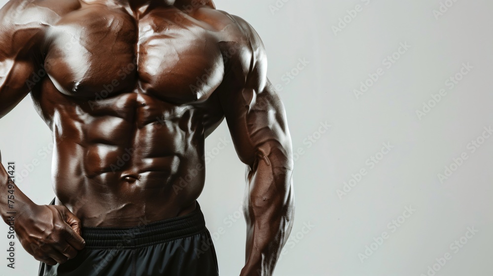 Bodybuilder with a defined six pack on a stark white background purity ...