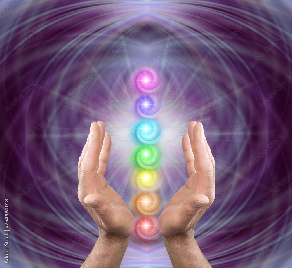 Reiki master offering the seven chakras - purple symmetrical ethereal ...