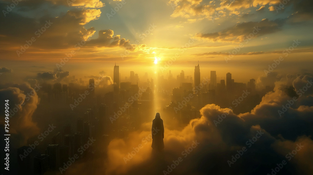 Jesus Christ stands in heaven with clouds at dawn and watches and ...