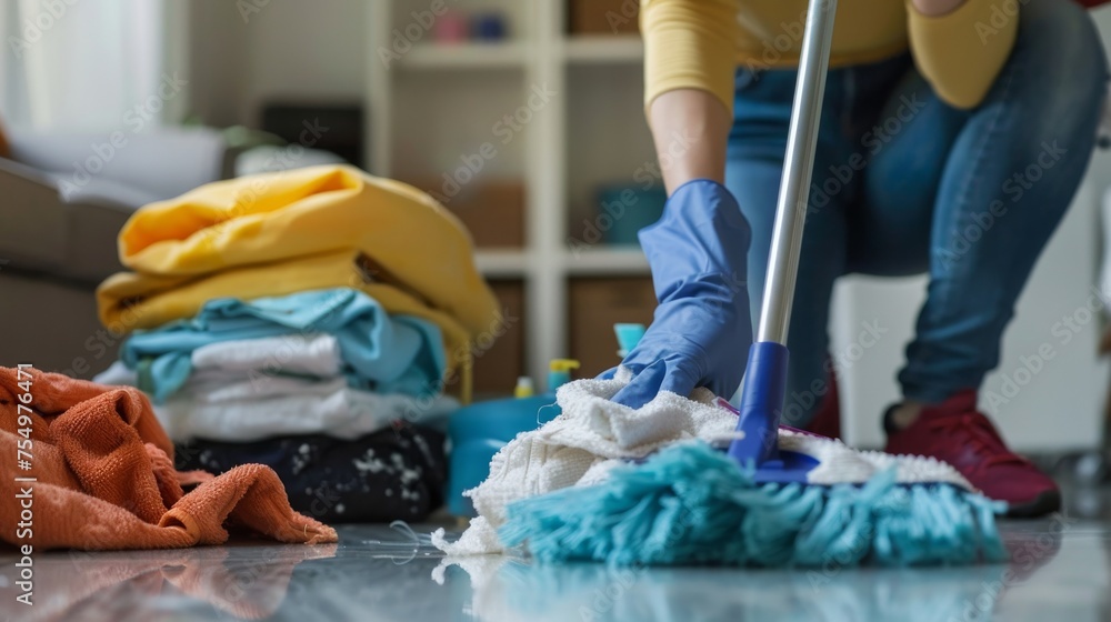 Person mopping floor during household cleaning routine. Unfolded ...