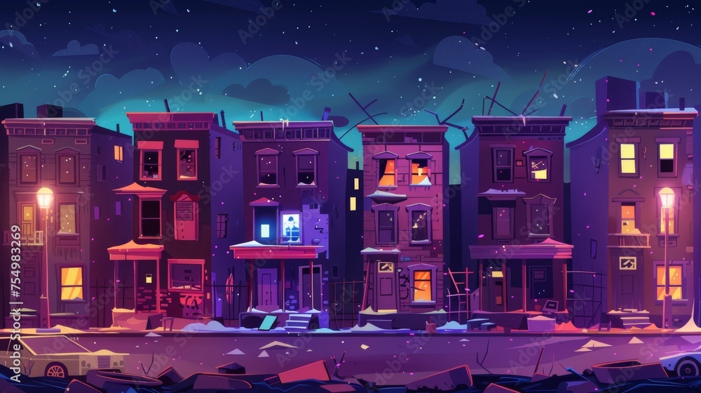 Cartoon illustration of a ghetto street at night, dilapidated and ...