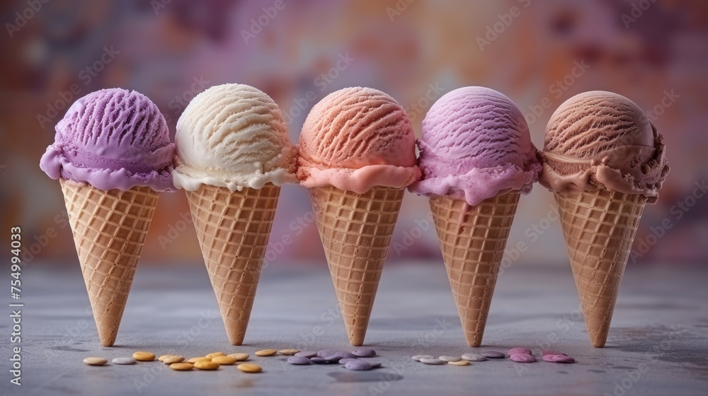 five ice cream cones with different flavors of ice cream in a row on ...