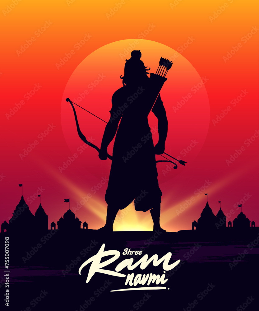 Shree Ram Navami, vector Illustration, silhouette of Lord Ram bow arrow ...