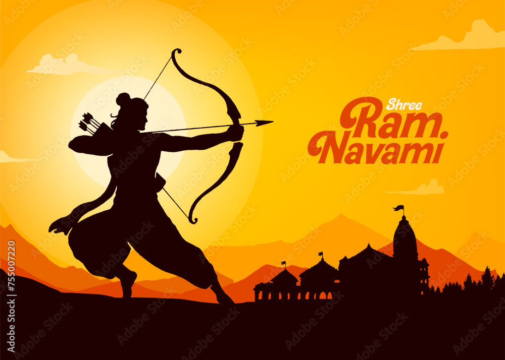 Shree Ram Navami, vector Illustration, silhouette of Lord Ram bow arrow ...