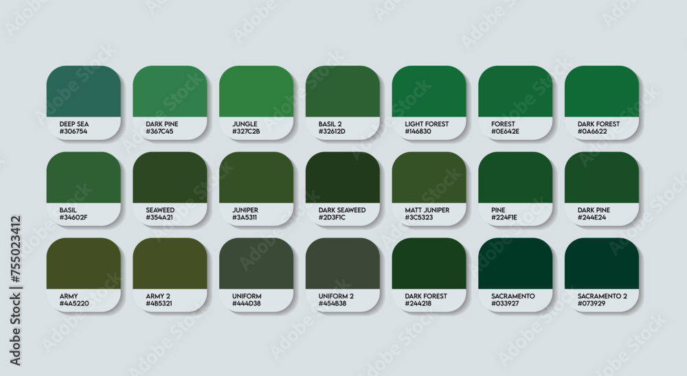 Dark Green Color Palette with Names. Catalog Samples Green with RGB HEX ...