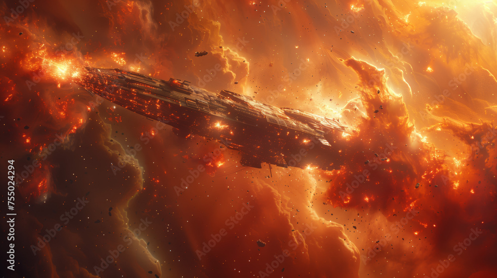 Fiery space catastrophe: sci-fi spaceship explosion; Illustration of a scifi spacecraft caught ...