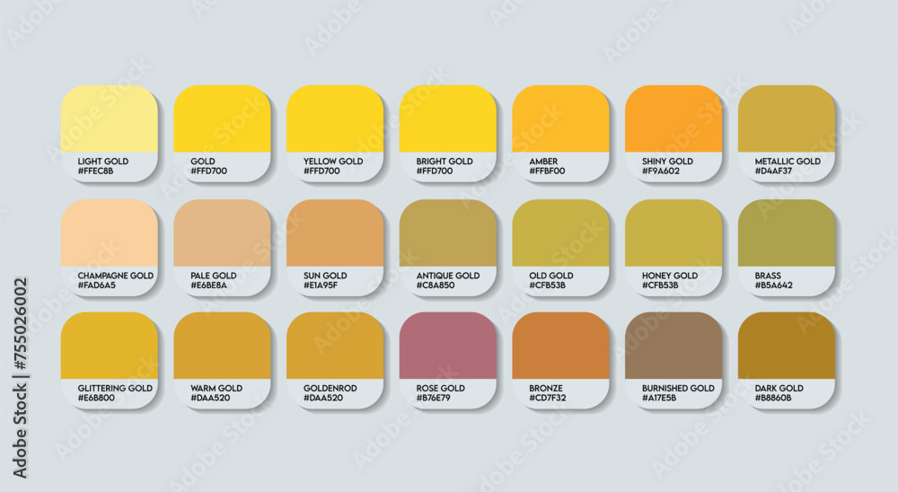 Gold Color Palette, Gold Yellow Color Code Guide Palette with Color ...