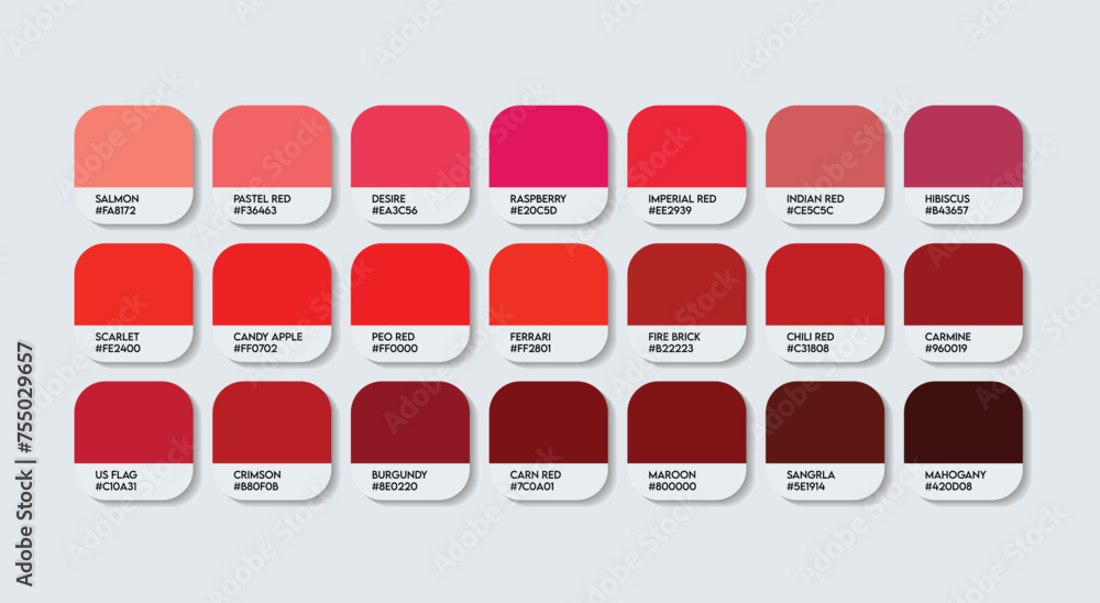 Red Color Palette with color Names. Catalog Samples Red with RGB HEX ...