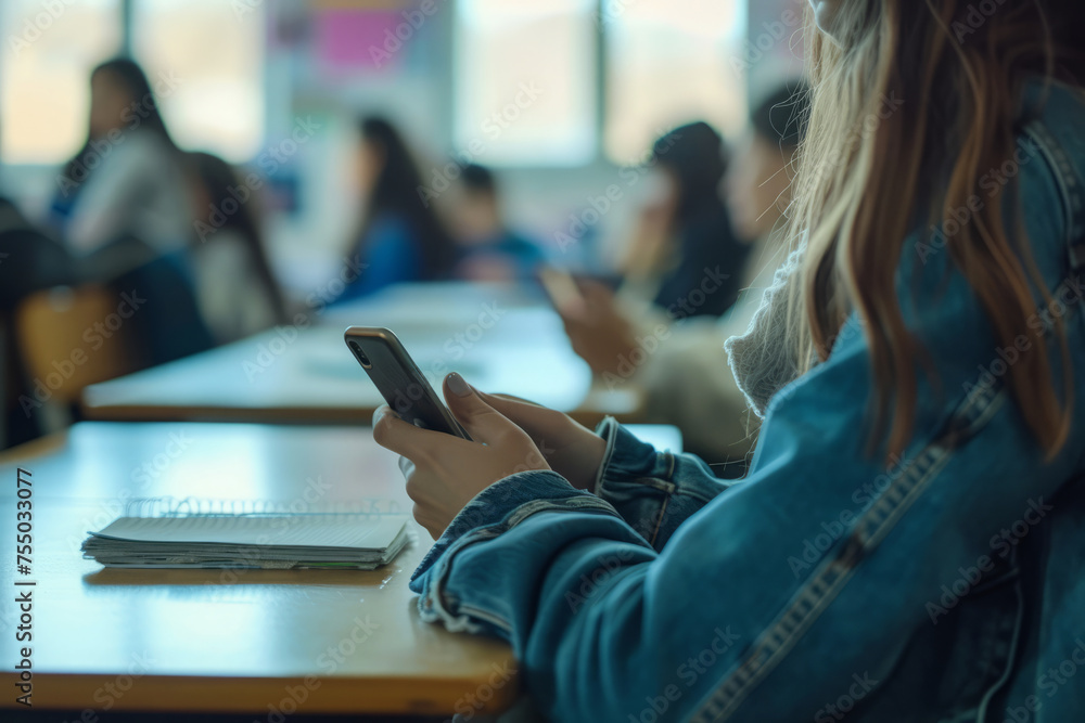 Student is focused on his smartphone among peers in classroom setting ...