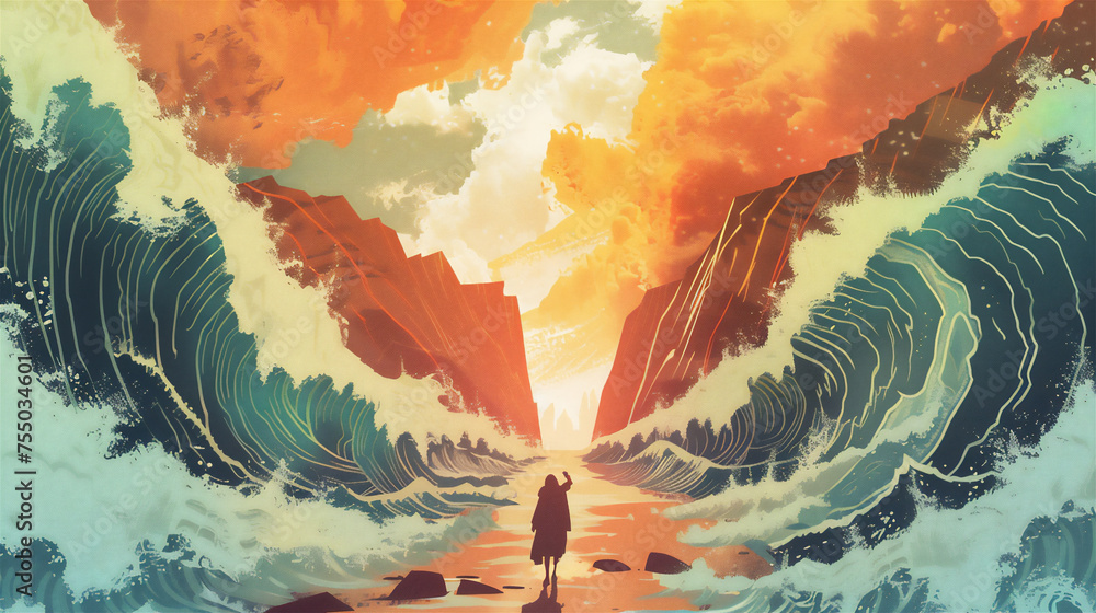 Moses parting the Red Sea and guiding the Jews through the parted ...