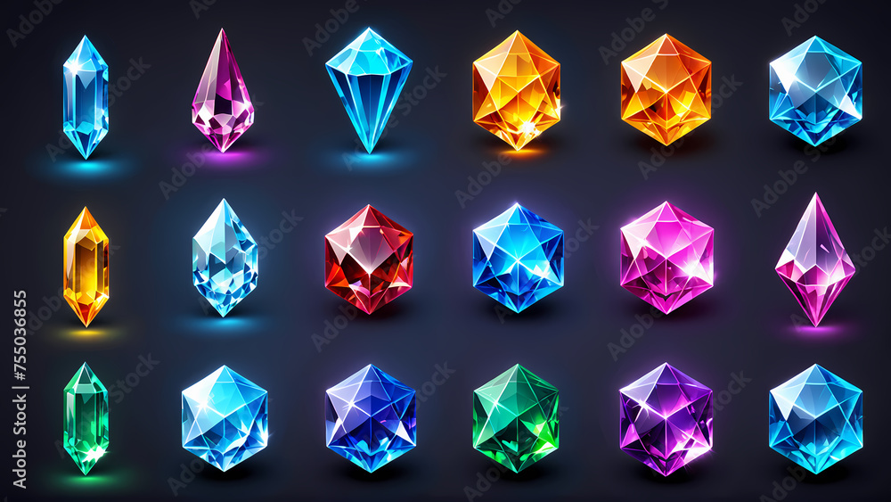 Collection of diamonds and gemstones. different types and shapes of ...