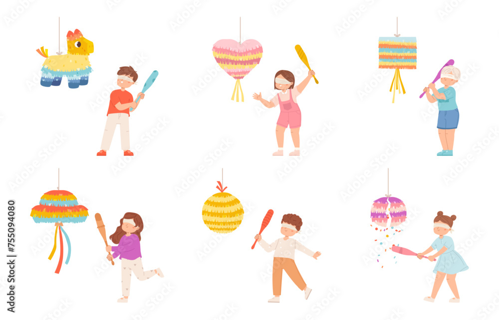 Kids hitting pinata. Children striking pinatas with confetti and ...