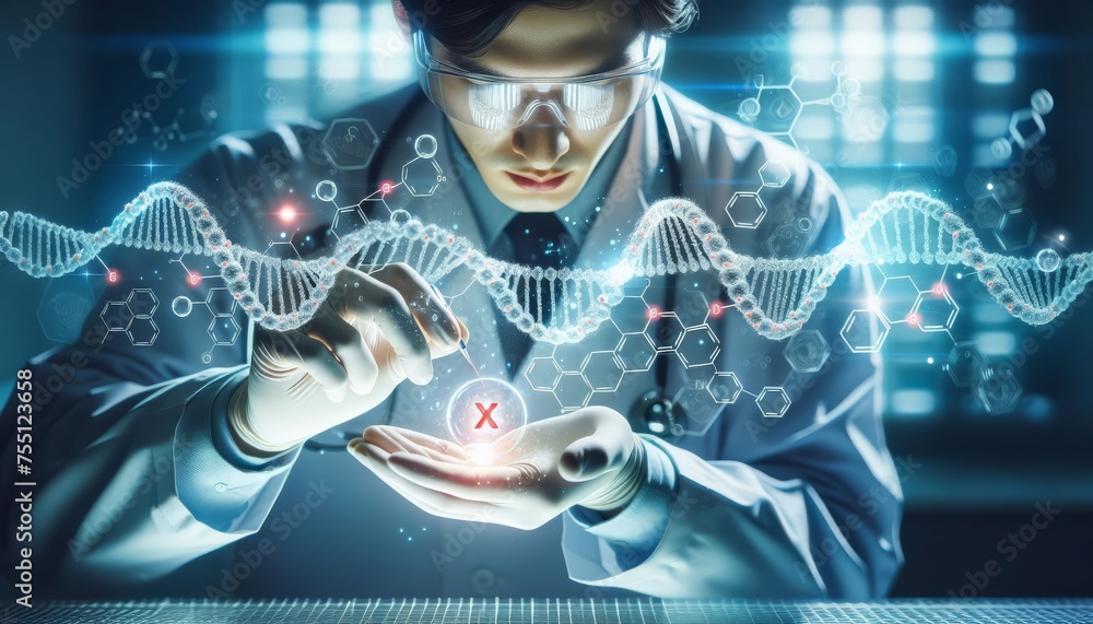 Chinese Scientist in lab coat testing medicine, studying DNA structure ...