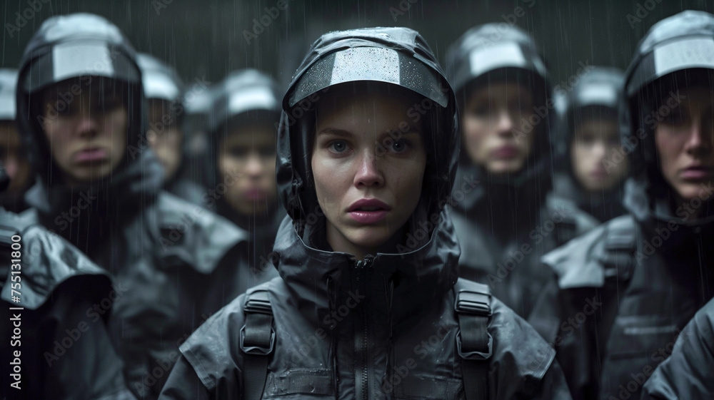 Futuristic soldier with their squad before deployment. Determined ...