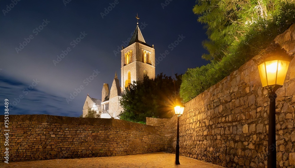 Cathedral's Night Watch: Tower Peeking Behind Stone Wall, Lanterns ...