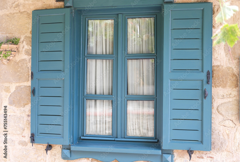 Vintage Teal Window Shutters on Stone Village House. Teal window ...