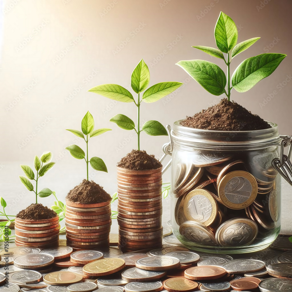 Financial growth concept with coin stacks topped soil and plants ...