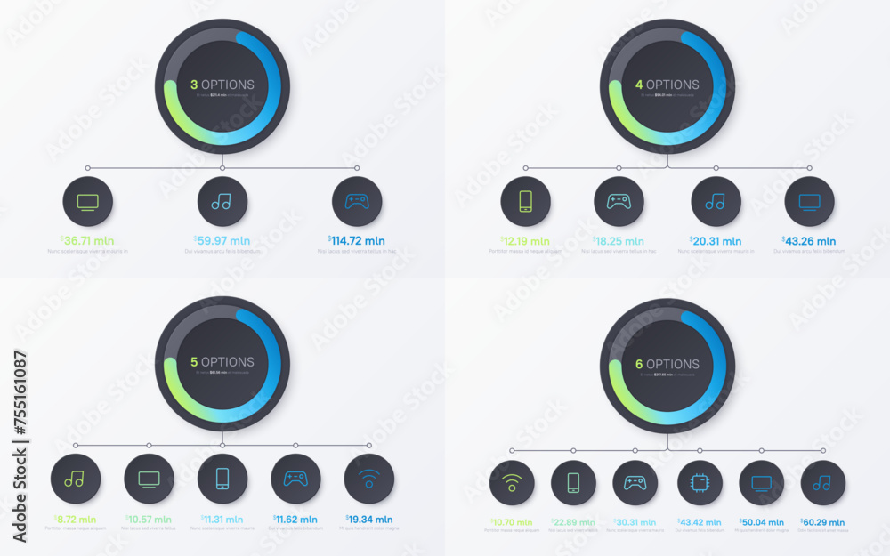 Vector presentation infographic gradient chart designs. 3 4 5 6 options ...