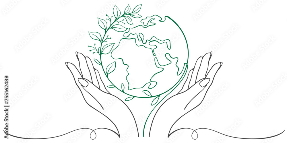 line art drawing of hands holding Earth globe. Vector illustration ...